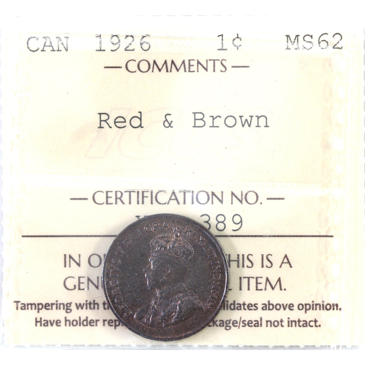 1926 Canada 1-cent ICCS Certified MS-62 Red & Brown (XXG 389) – Colonial Acres Coins