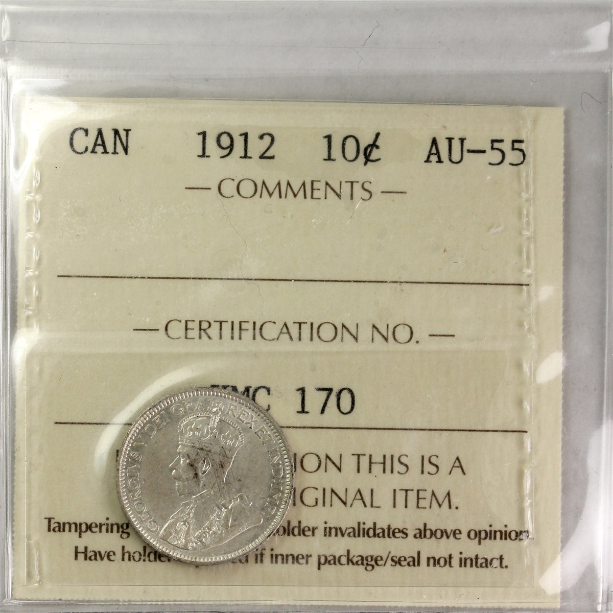1912 Canada 10-cents ICCS Certified AU55 – Colonial Acres Coins