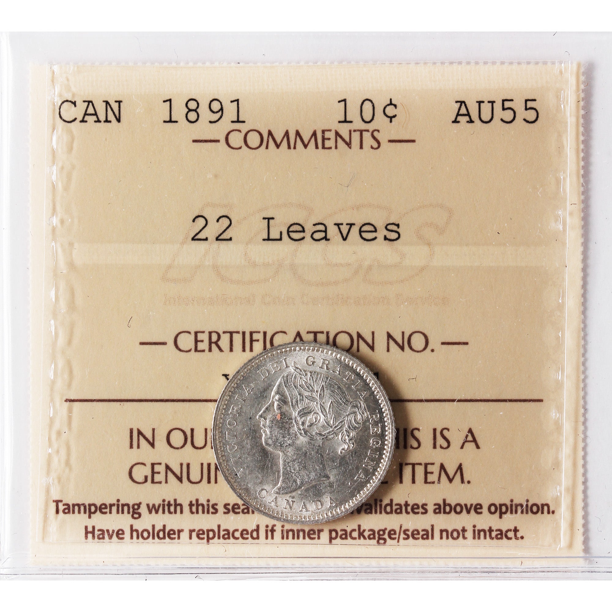 1891 22 Leaves Canada 10-cents ICCS Certified AU-55 – Colonial Acres Coins