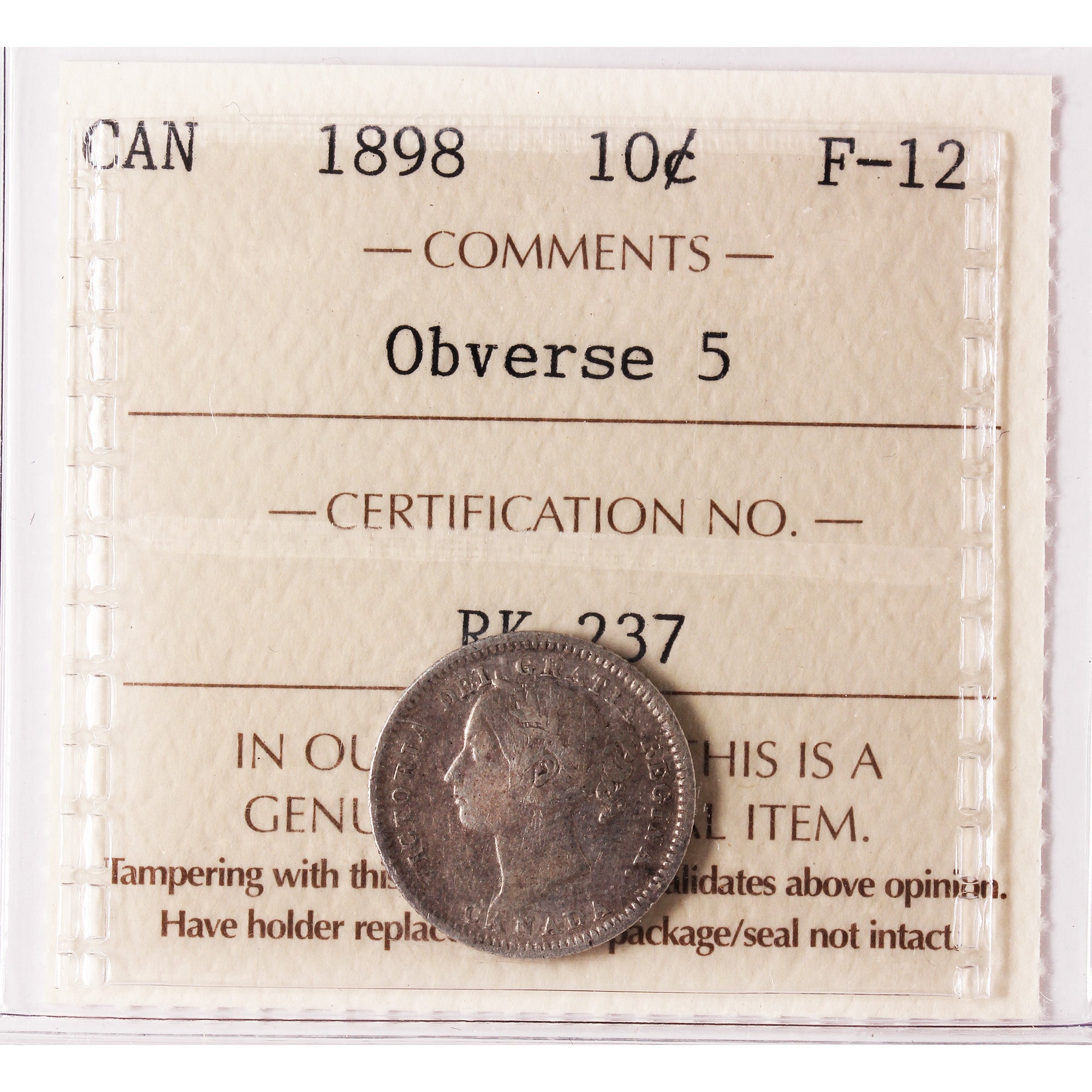 1898 Obv. 5 Canada 10-cents ICCS Certified F12 – Colonial Acres Coins
