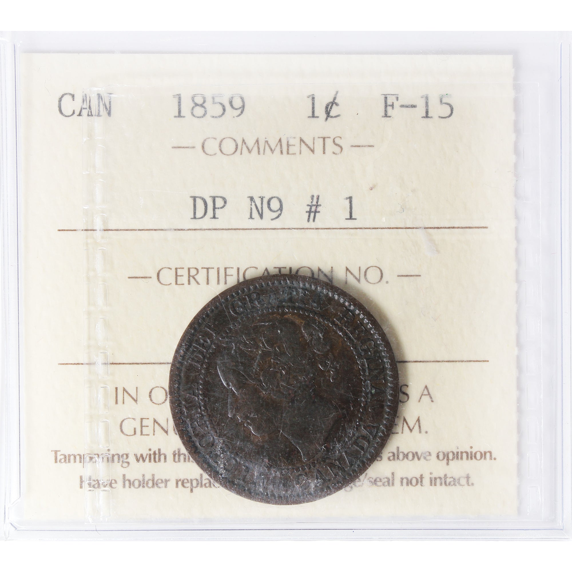 1859 DP N9 #1 Canada 1-cent ICCS Certified F15 – Colonial Acres Coins