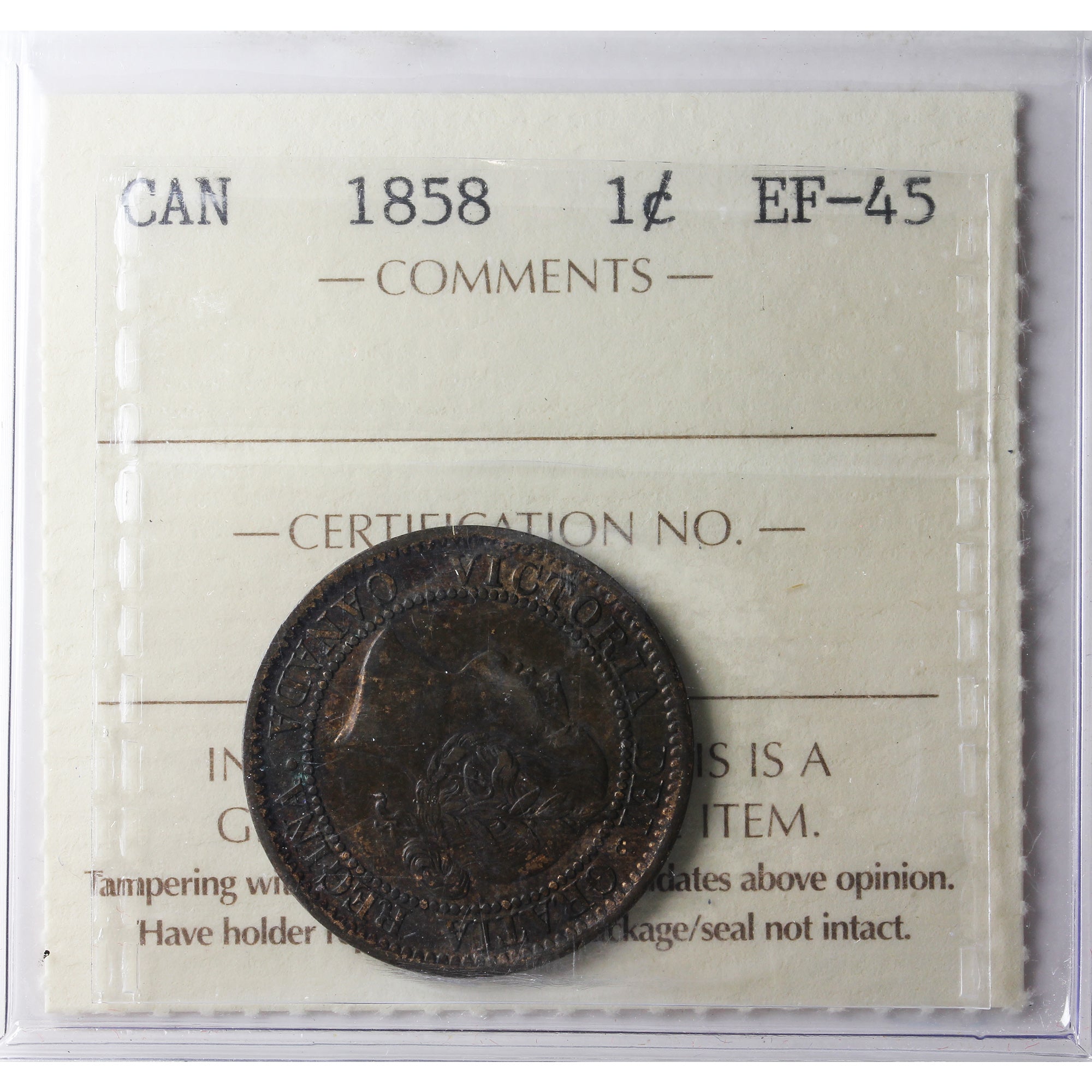 1858 Canada 1-cent ICCS Certified EF45 – Colonial Acres Coins