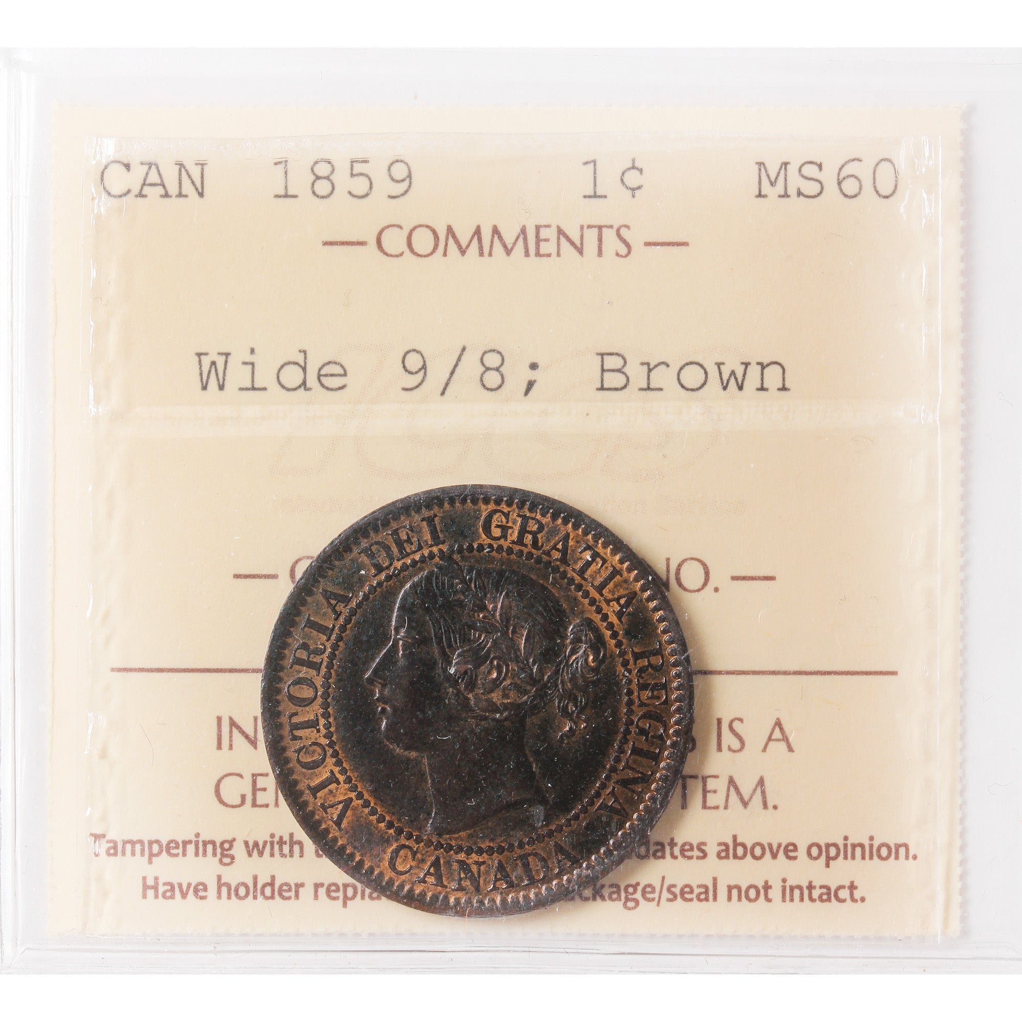 1859 Wide 9/8 Canada 1-cent ICCS Certified MS60 Brown (XAI 184) – Colonial Acres Coins