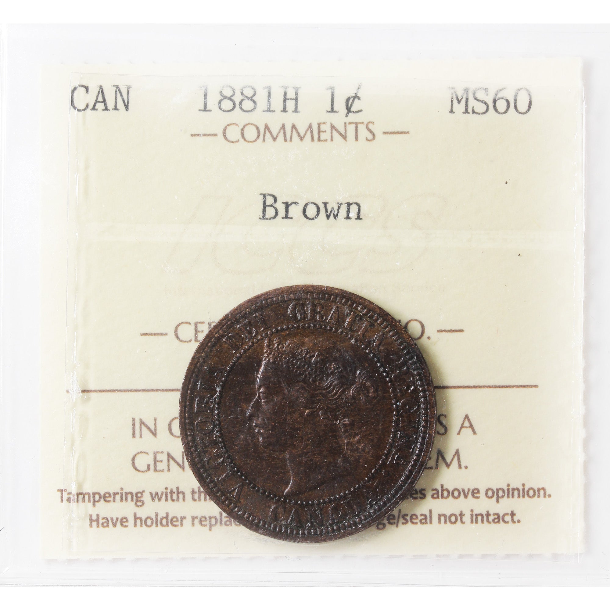 1881H Canada 1-cent ICCS Certified MS-60 Brown – Colonial Acres Coins