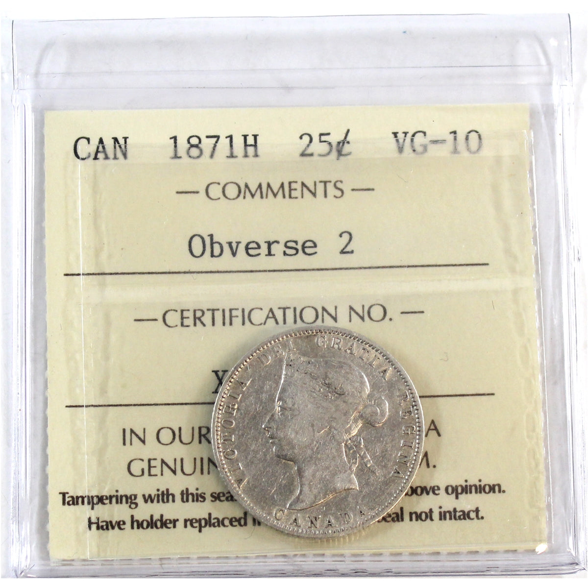 1871H Obv. 2 Canada 25-cents ICCS Certified VG10 – Colonial Acres Coins