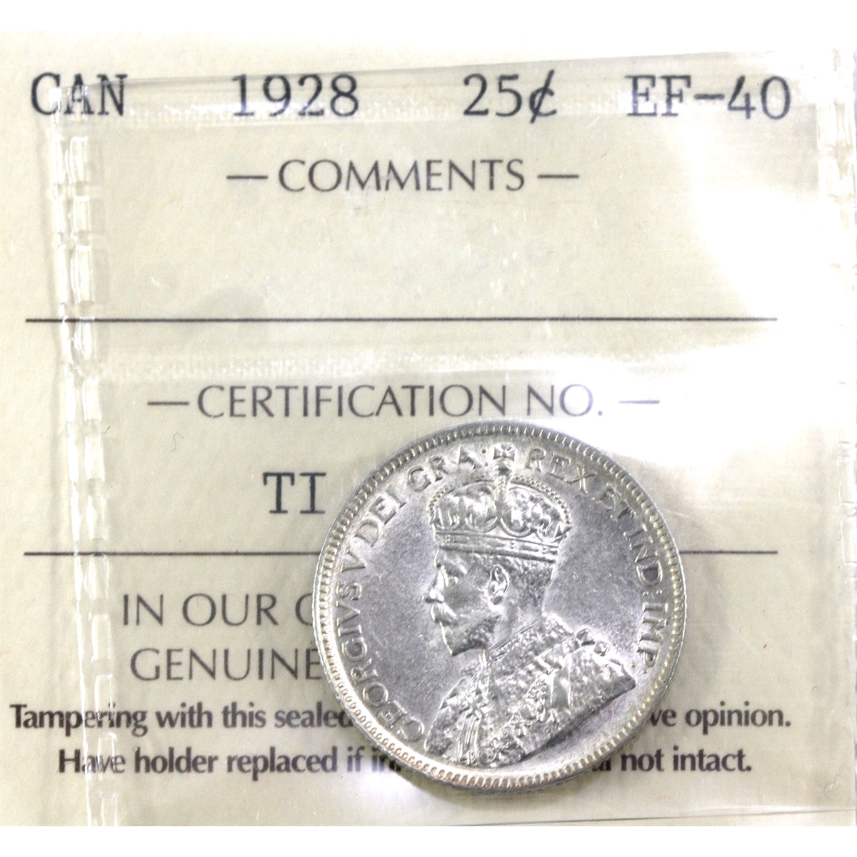 1928 Canada 25-cents ICCS Certified EF40 – Colonial Acres Coins