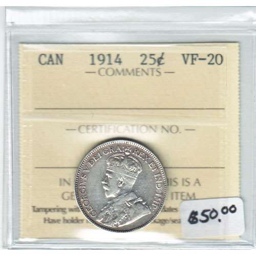 1914 Canada 25-cents ICCS Certified VF20 – Colonial Acres Coins