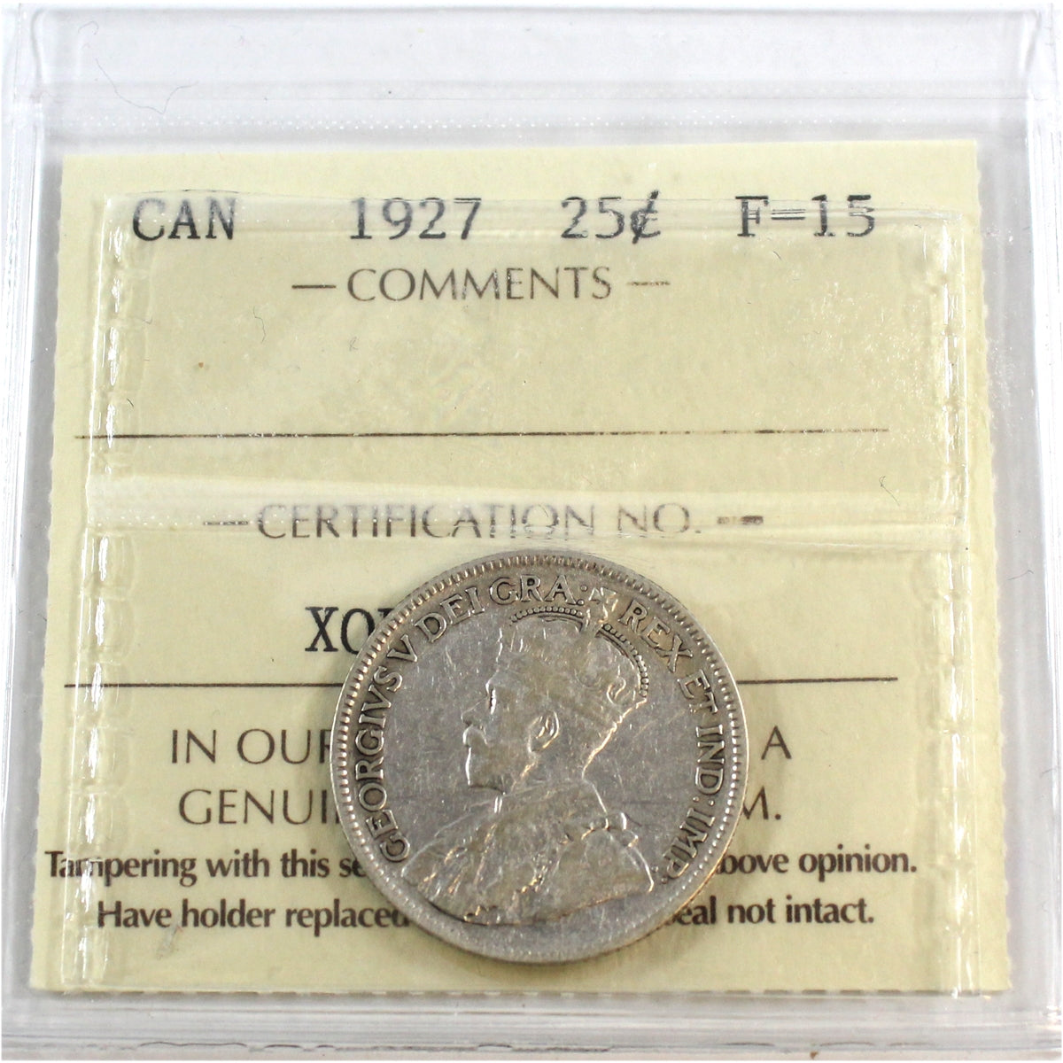 1927 Canada 25-cents ICCS Certified F15 – Colonial Acres Coins