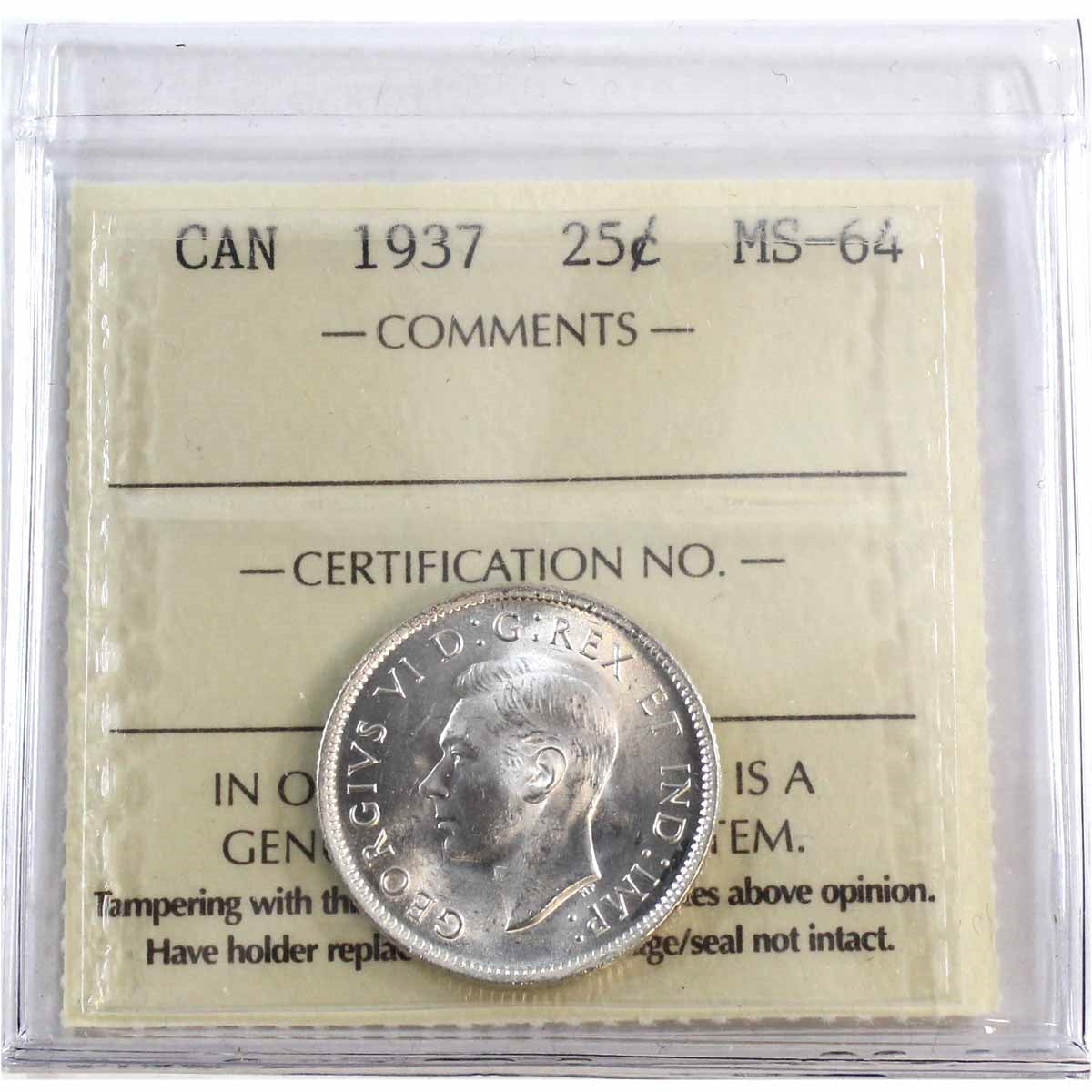1937 Canada 25-cents ICCS Certified MS64 – Colonial Acres Coins