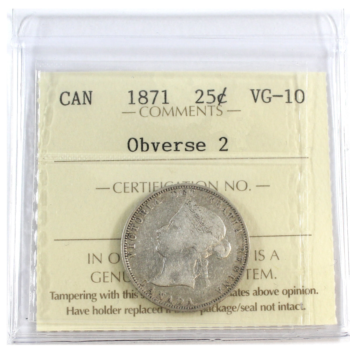 1871 Obv. 2 Canada 25-cents ICCS Certified VG10 – Colonial Acres Coins