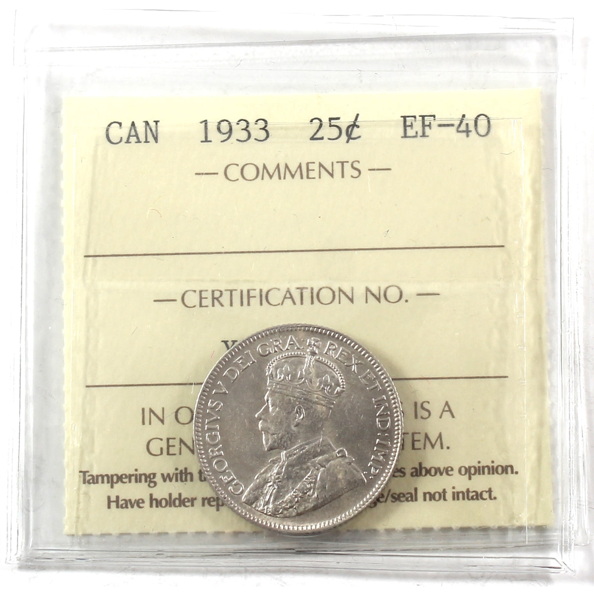 1933 Canada 25-cents ICCS Certified EF40 – Colonial Acres Coins