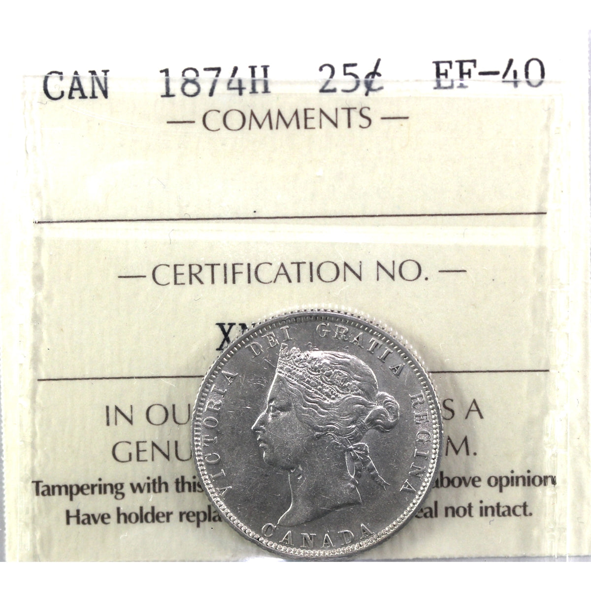 1874H Canada 25-cents ICCS Certified EF-40 – Colonial Acres Coins