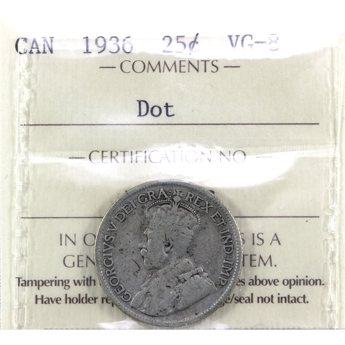 1936 Dot Canada 25-cents ICCS Certified VG8 – Colonial Acres Coins