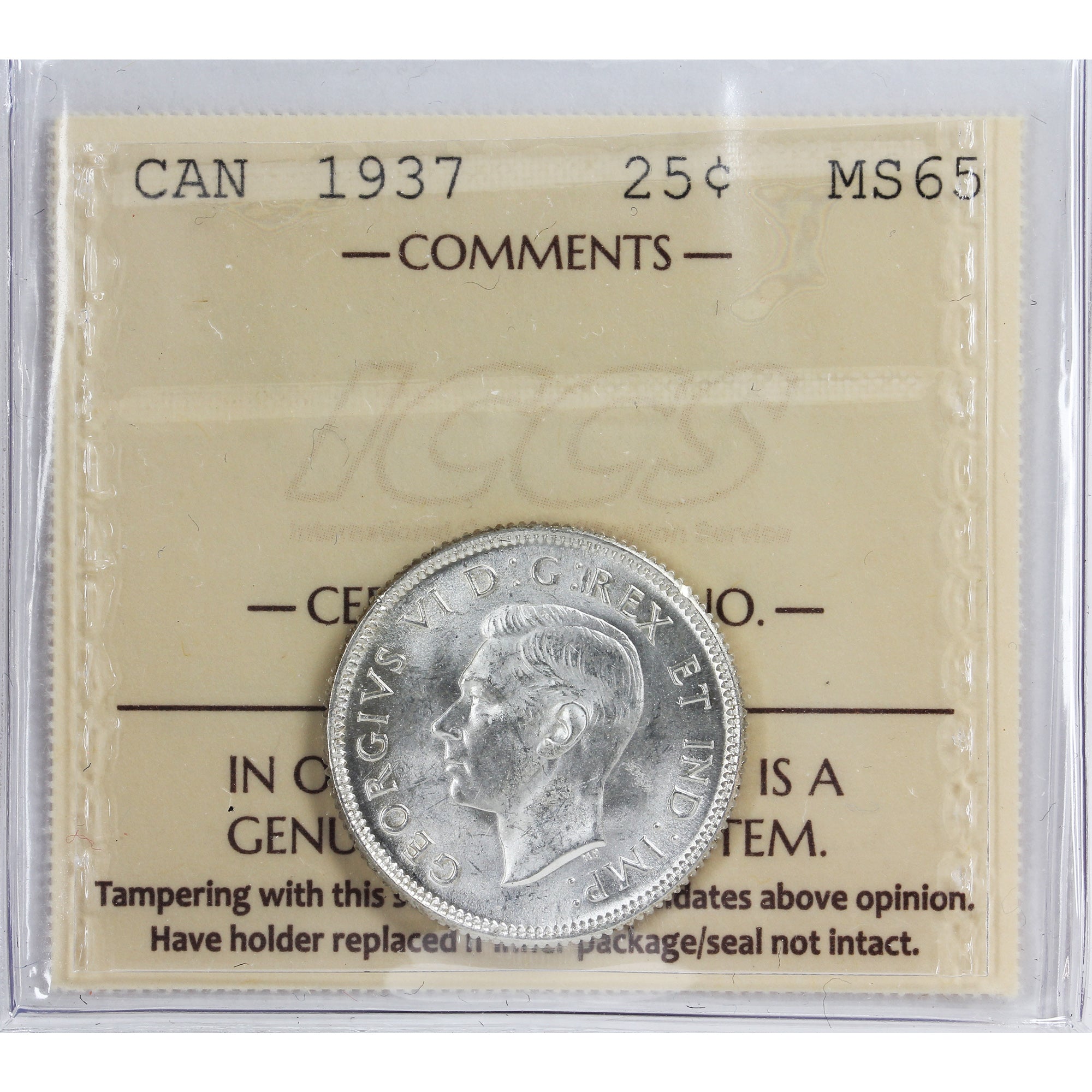 1937 Canada 25-cents ICCS Certified MS65 (XMY 792) – Colonial Acres Coins