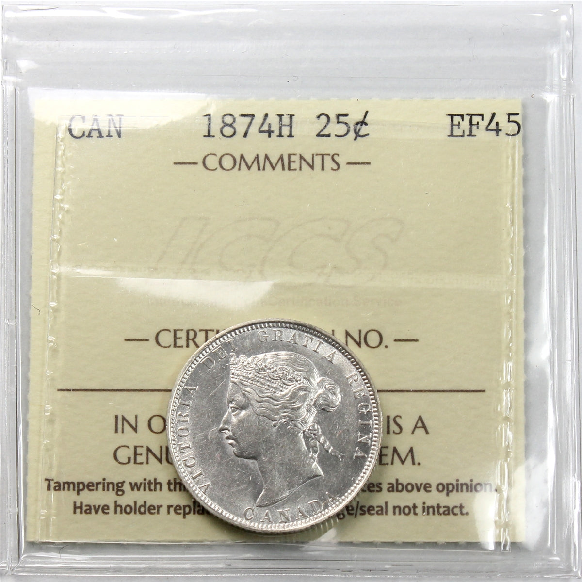 1874H Canada 25-cents ICCS Certified EF-45 – Colonial Acres Coins