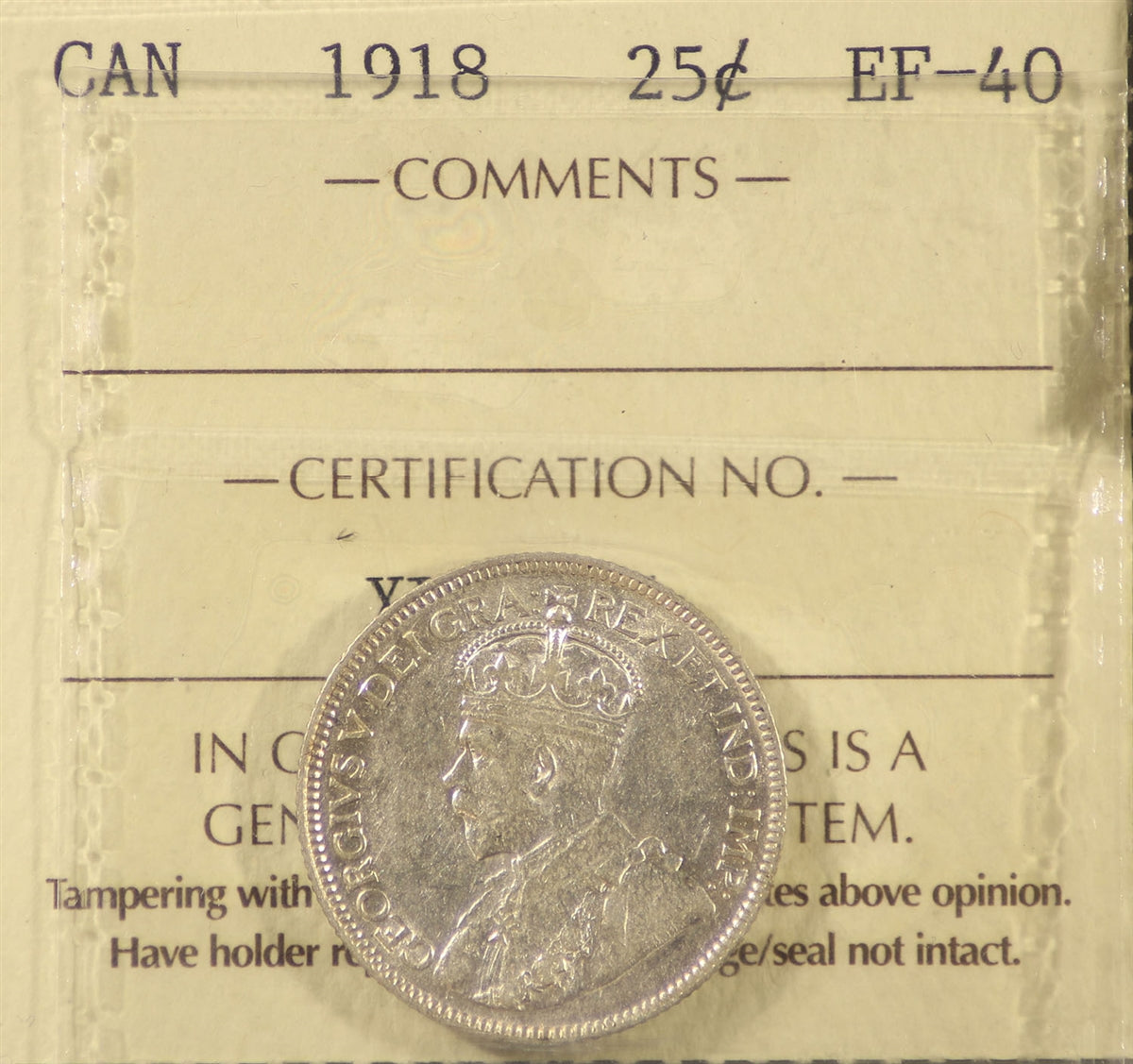 1918 Canada 25-cents ICCS Certified EF-40 – Colonial Acres Coins