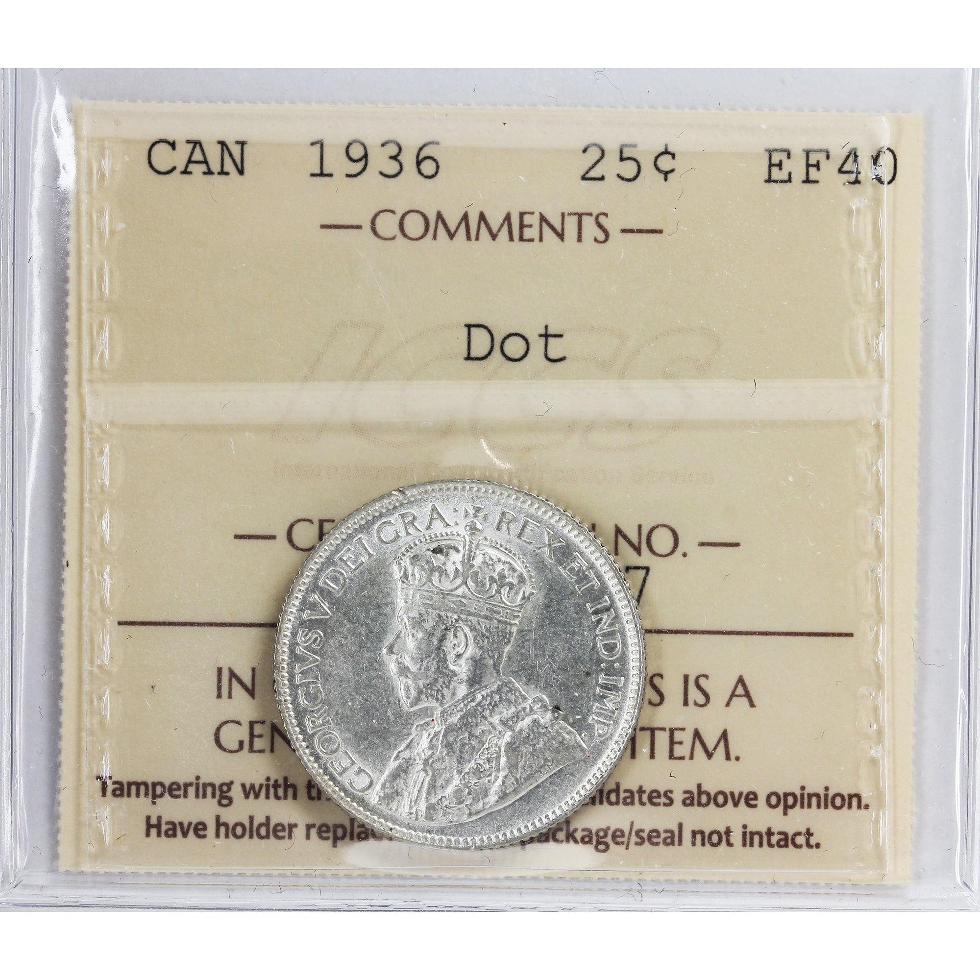 1936 Dot Canada 25-cents ICCS Certified EF40 – Colonial Acres Coins