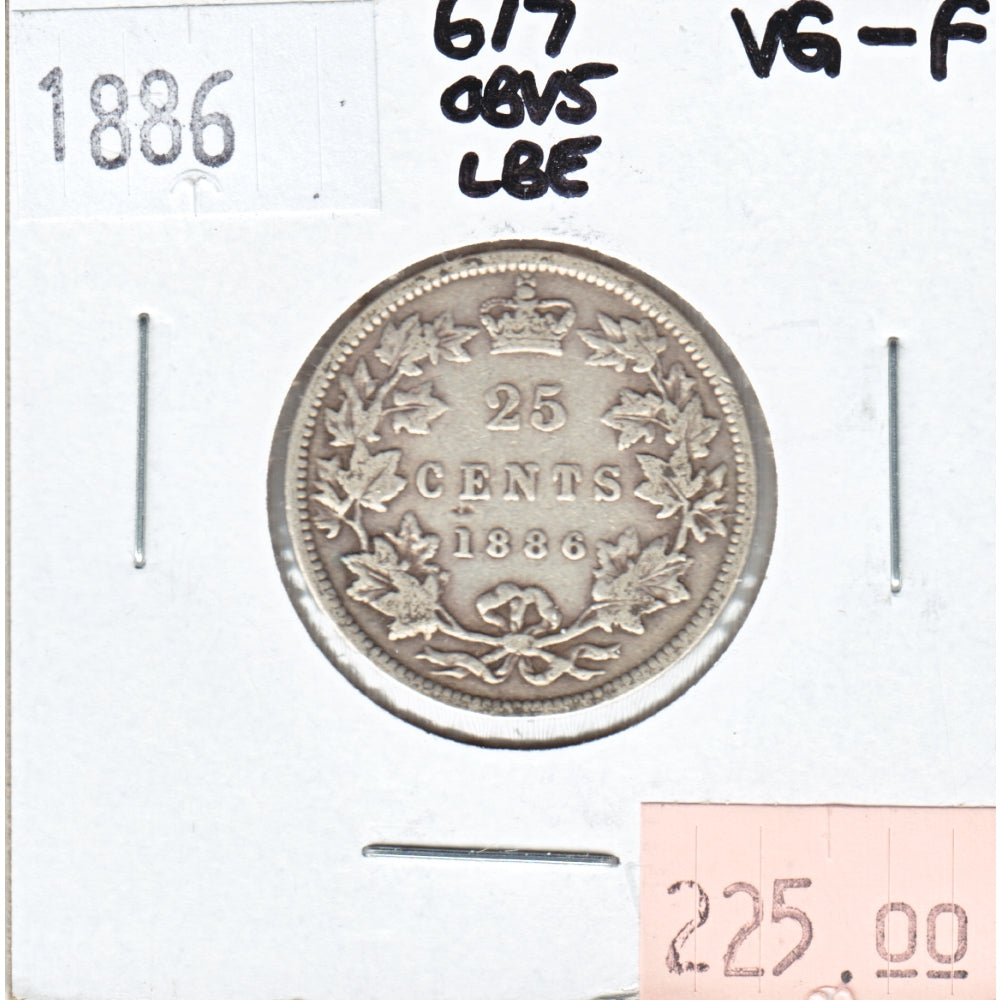 1886 6/7 Obv. 5 LBE Canada 25-cents VG-F (VG-10) $ – Colonial Acres Coins