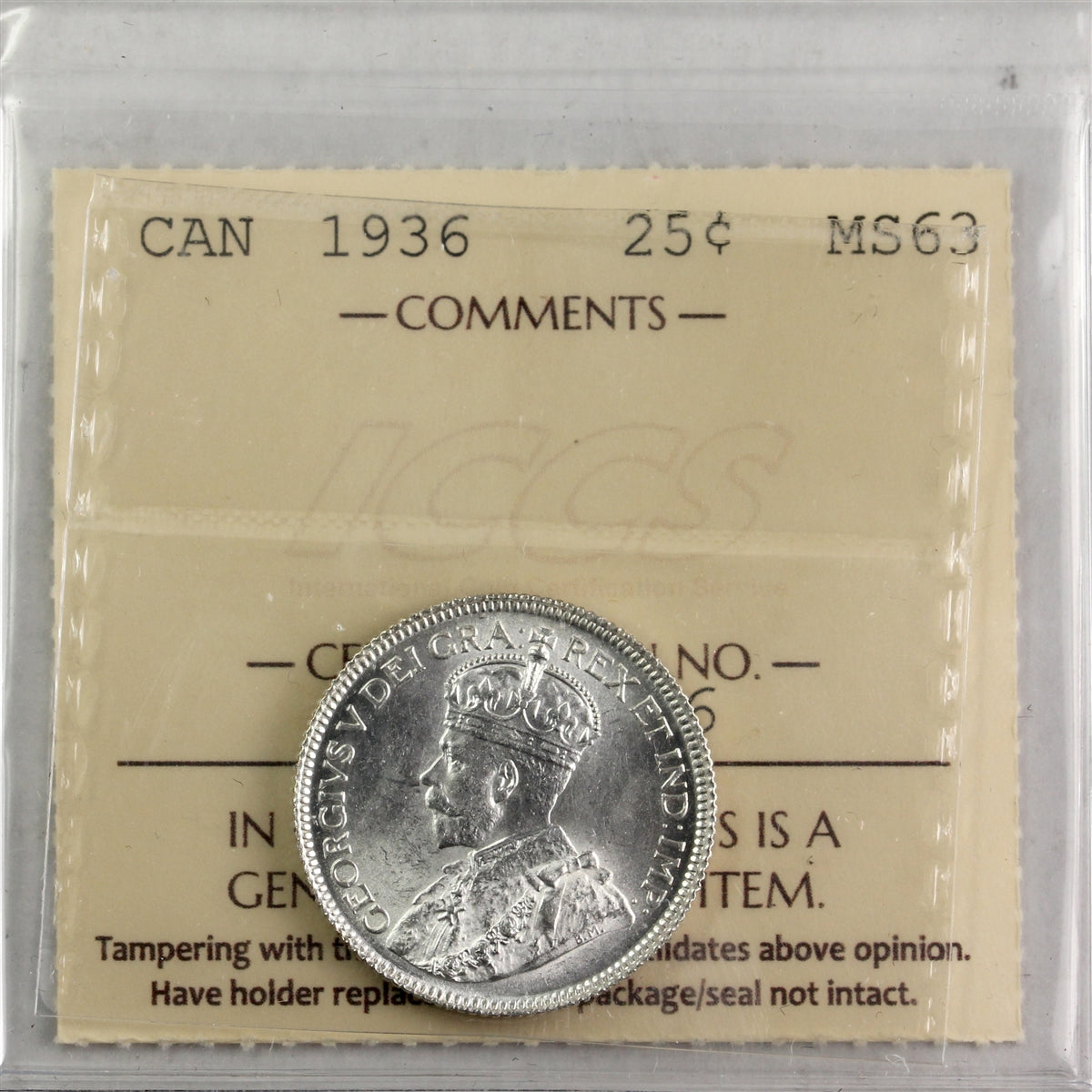 1936 Canada 25-cents ICCS Certified MS-63 (XDM 206) – Colonial Acres Coins