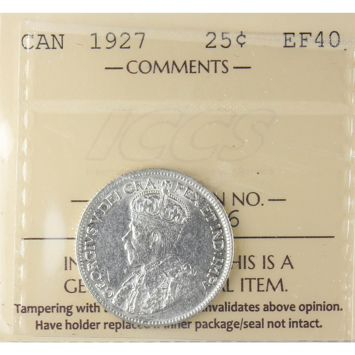 1927 Canada 25-cents ICCS Certified EF40 – Colonial Acres Coins