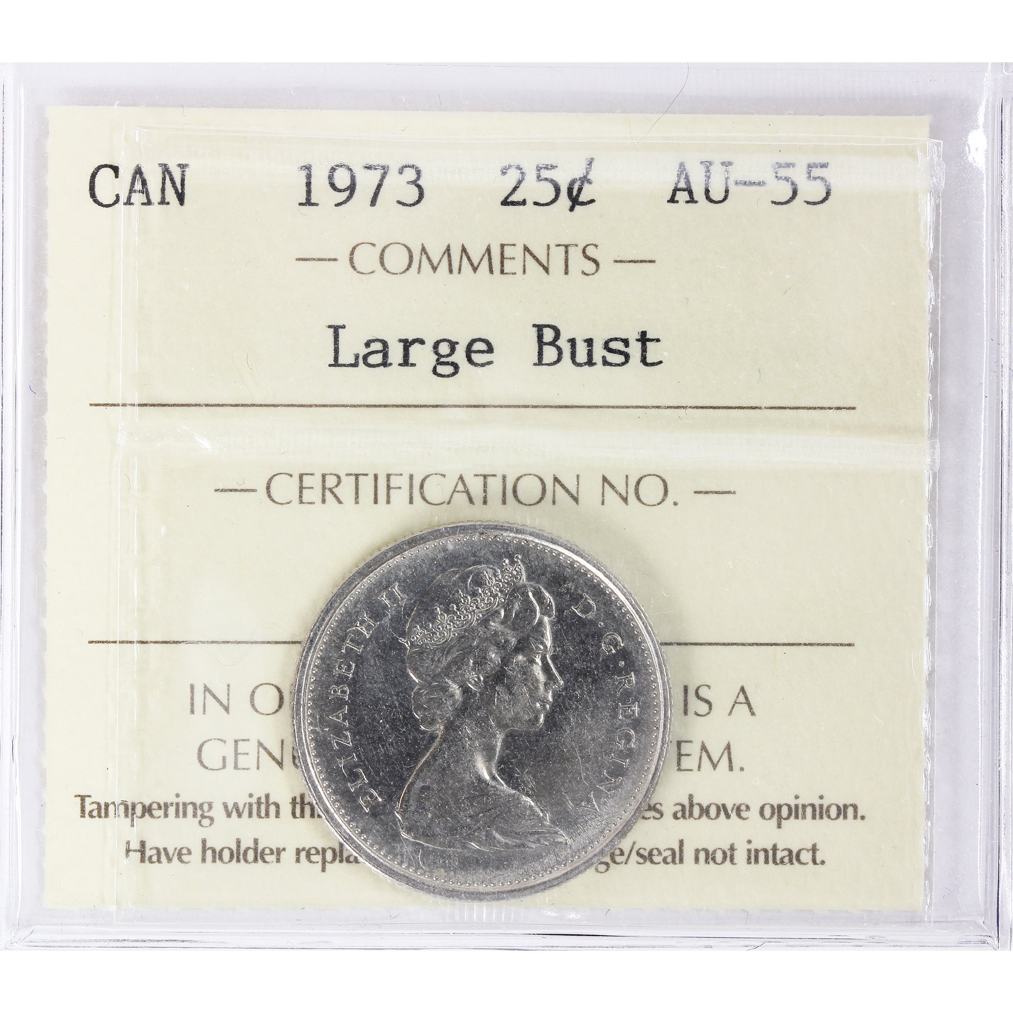 1973 Large Bust Canada 25-cents ICCS Certified AU55 – Colonial Acres Coins