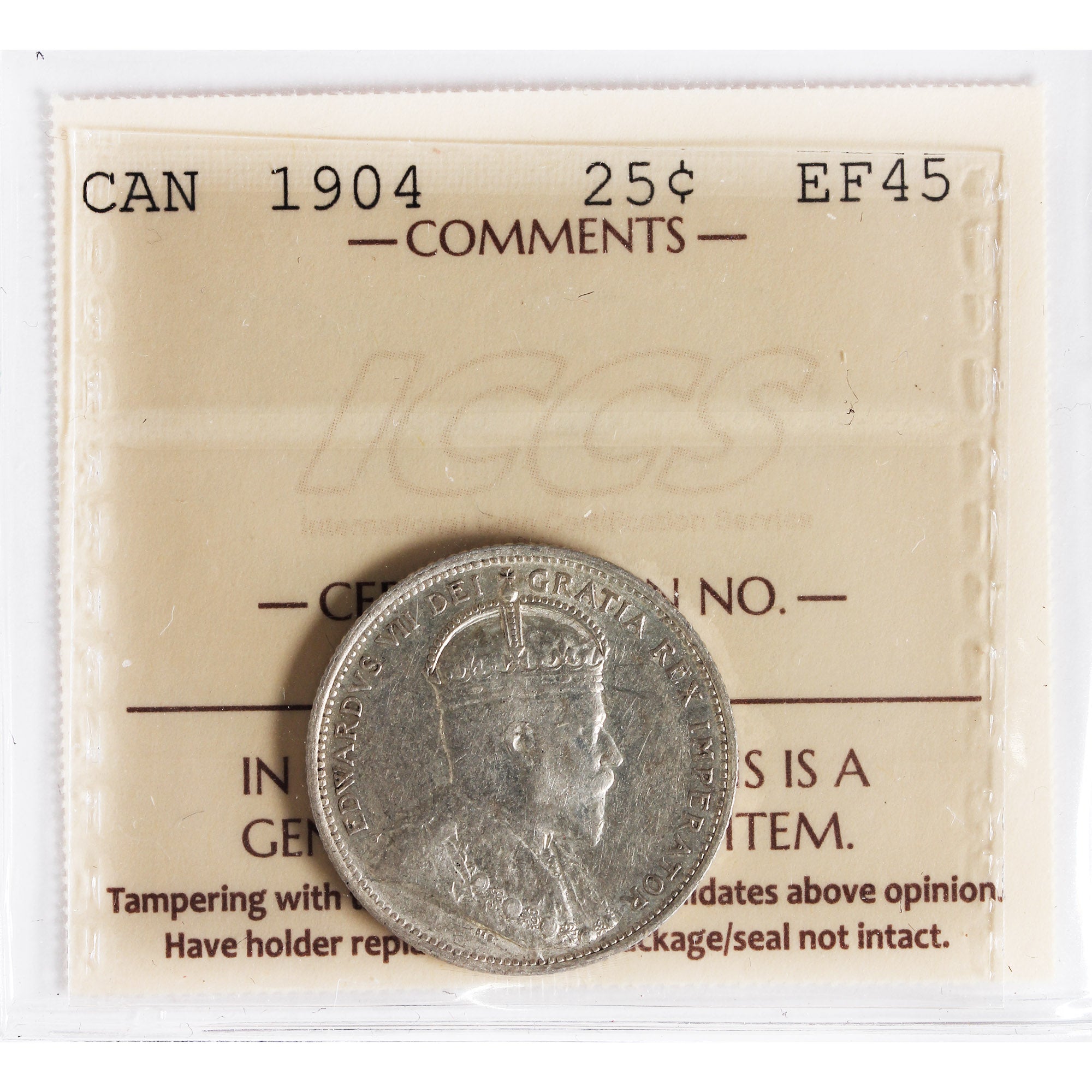 1904 Canada 25-cents ICCS Certified EF-45 – Colonial Acres Coins