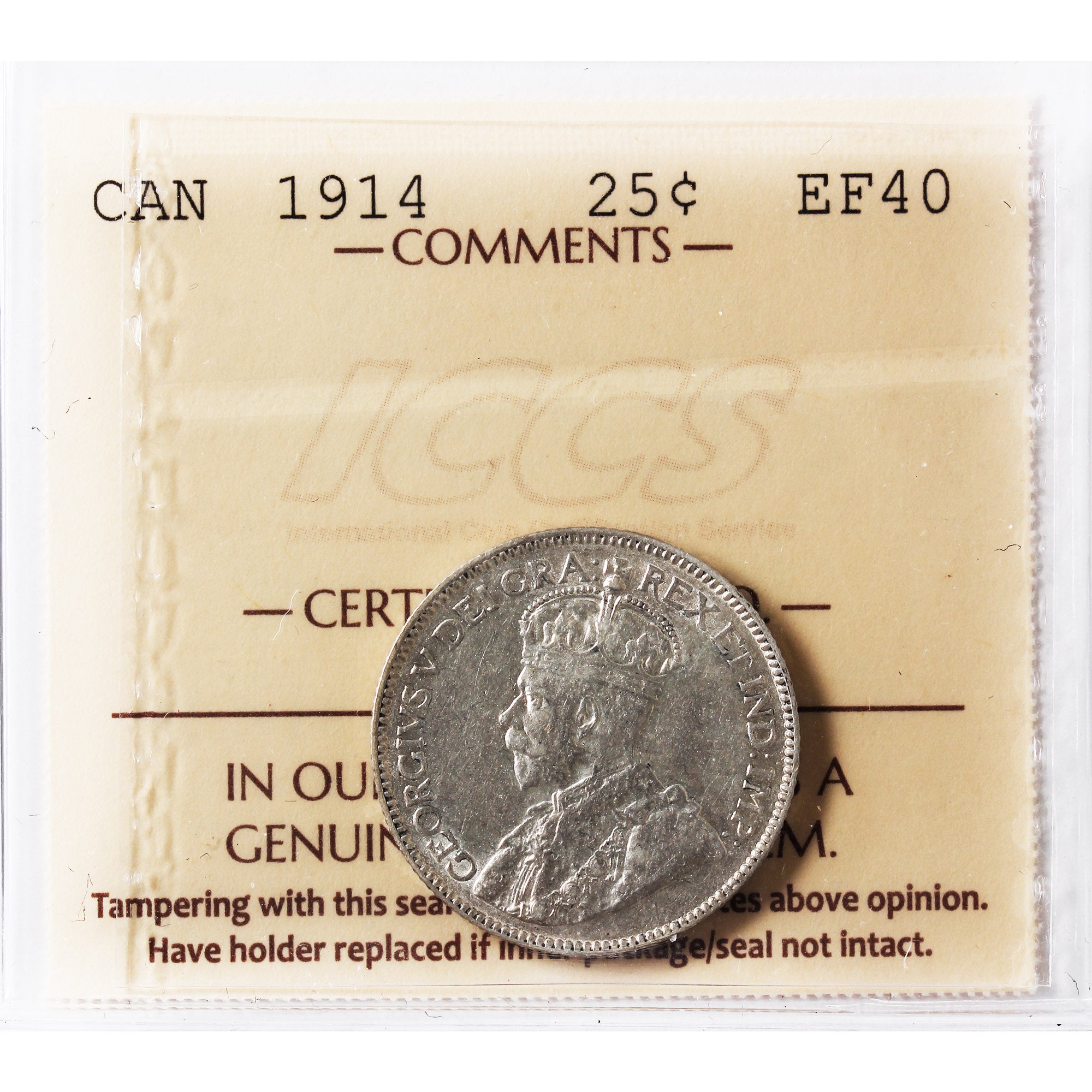 1914 Canada 25-cents ICCS Certified EF-40 – Colonial Acres Coins