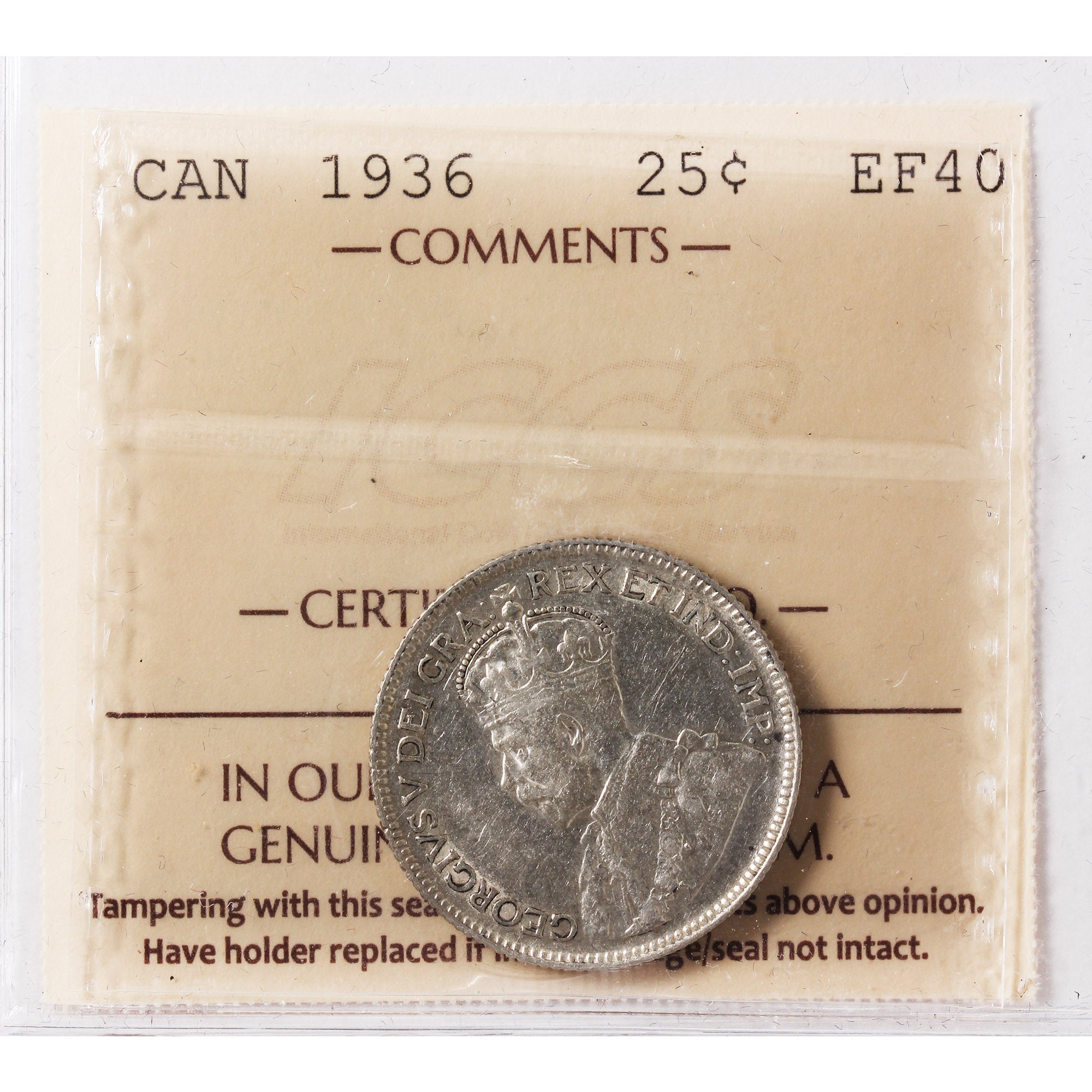 1936 Canada 25-cents ICCS Certified EF40 – Colonial Acres Coins