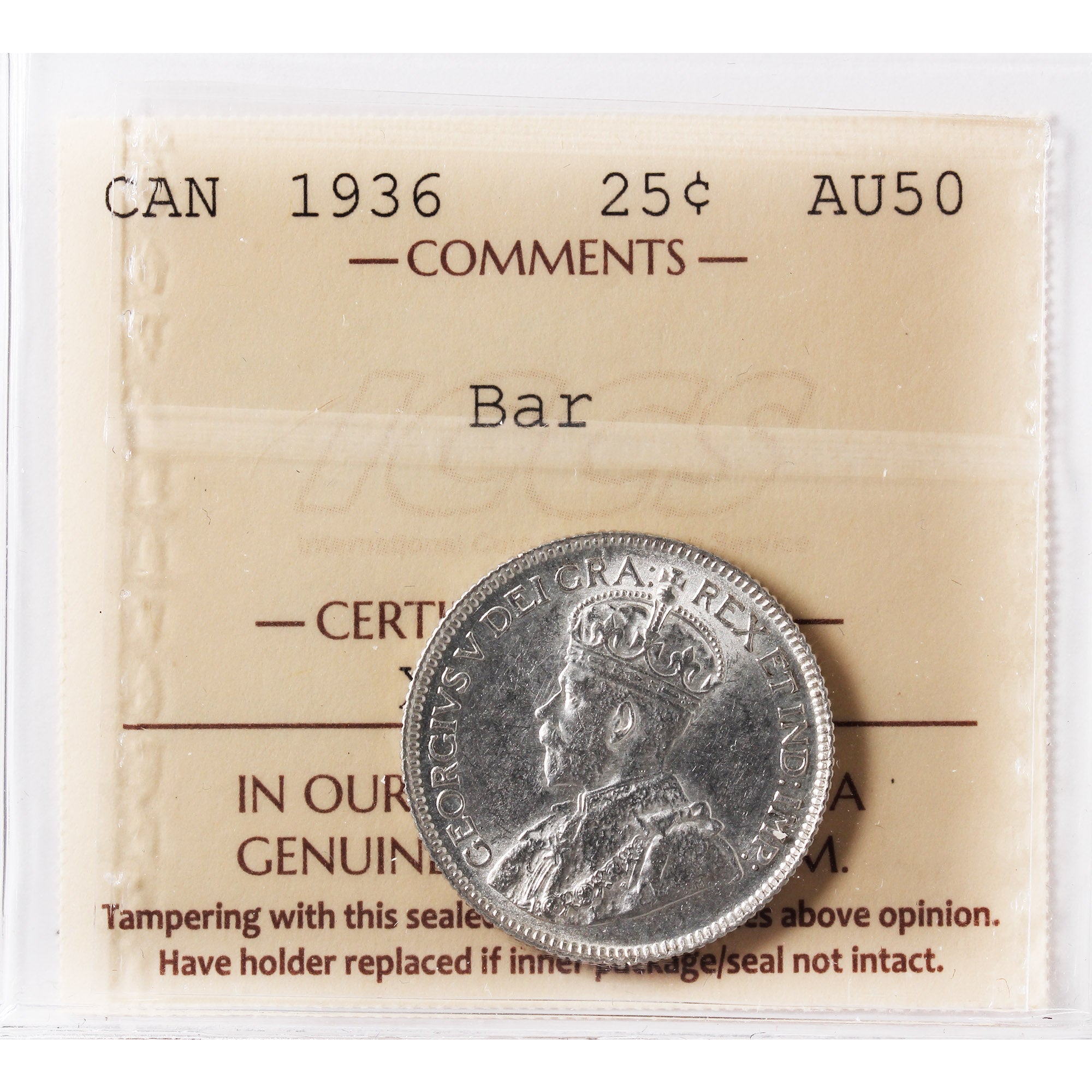 1936 Bar Canada 25-cents ICCS Certified AU50 – Colonial Acres Coins