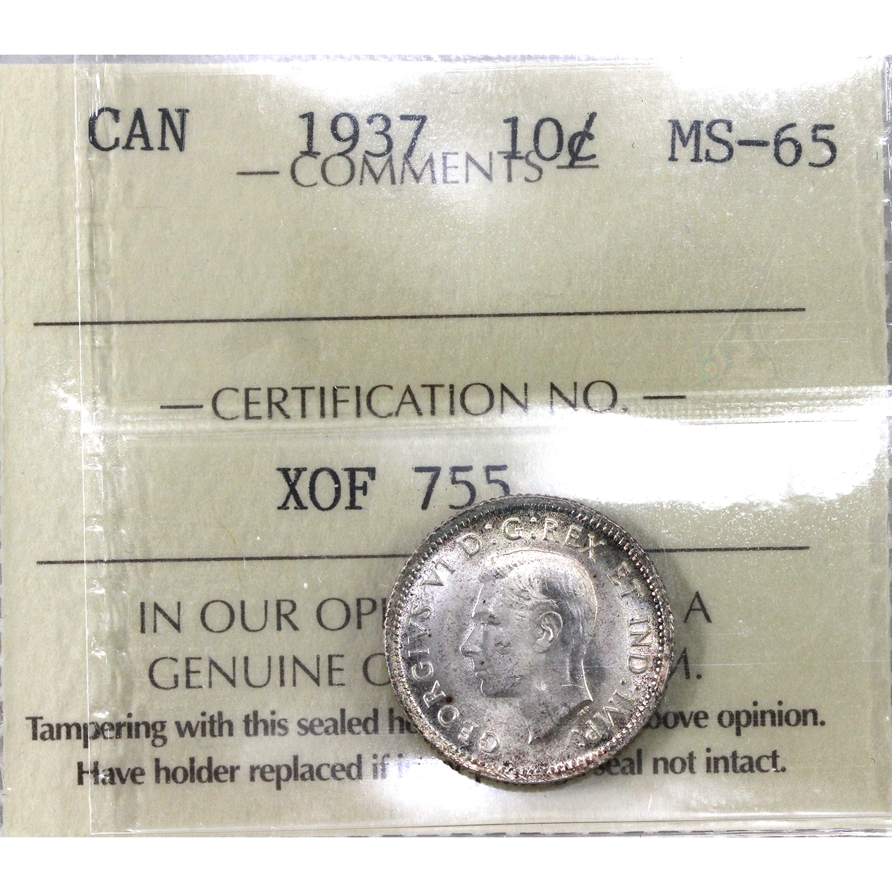 1937 Canada 10-cents ICCS Certified MS65 (XOF 755) – Colonial Acres Coins