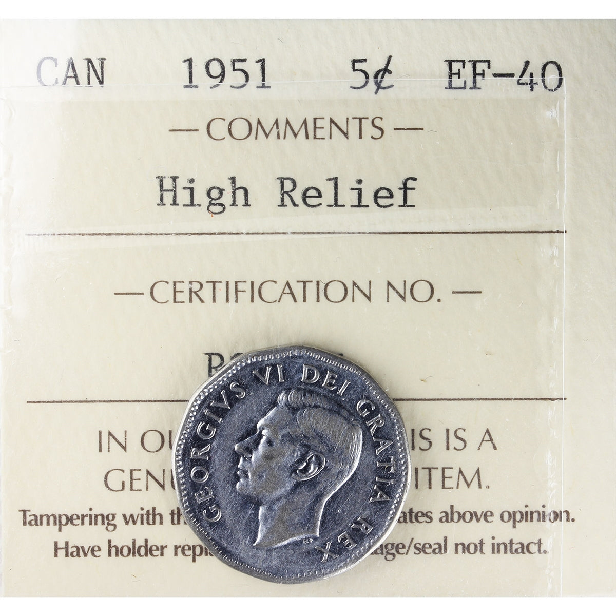 1951 High Relief Canada 5-cents ICCS Certified EF40 (RQ 075) – Colonial Acres Coins