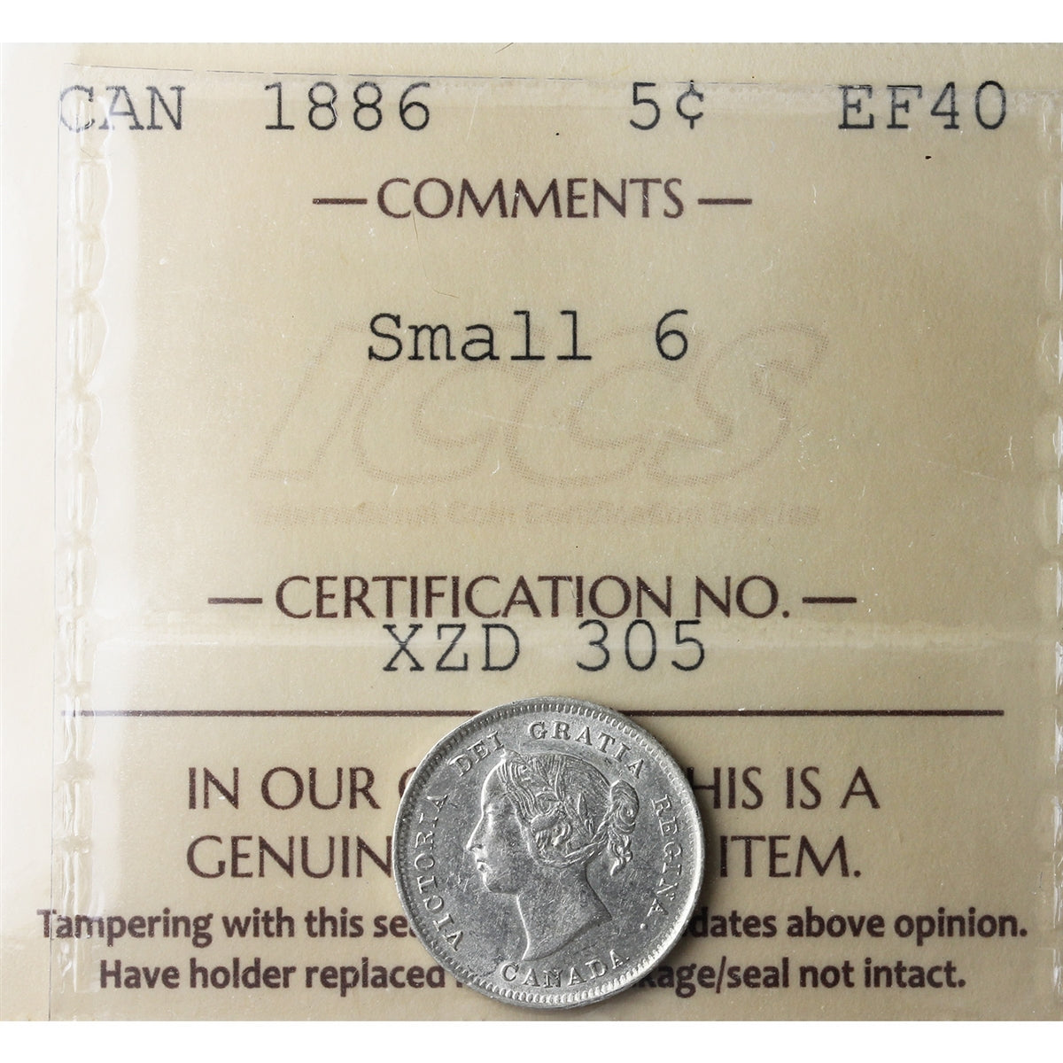 1886 Small 6 Canada 5-cents ICCS Certified EF40 – Colonial Acres Coins