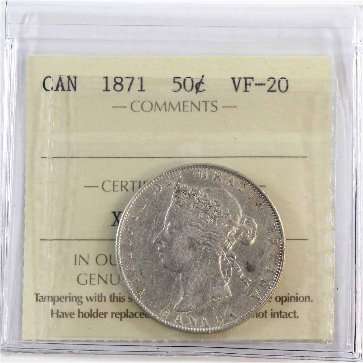 1871 Canada 50-cents ICCS Certified VF20 – Colonial Acres Coins