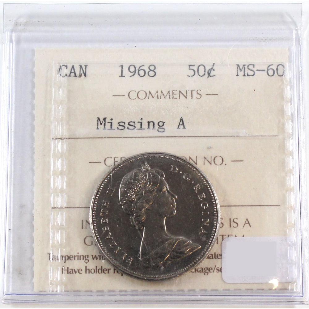 1968 Missing A Canada 50-cents ICCS Certified MS60 – Colonial Acres Coins