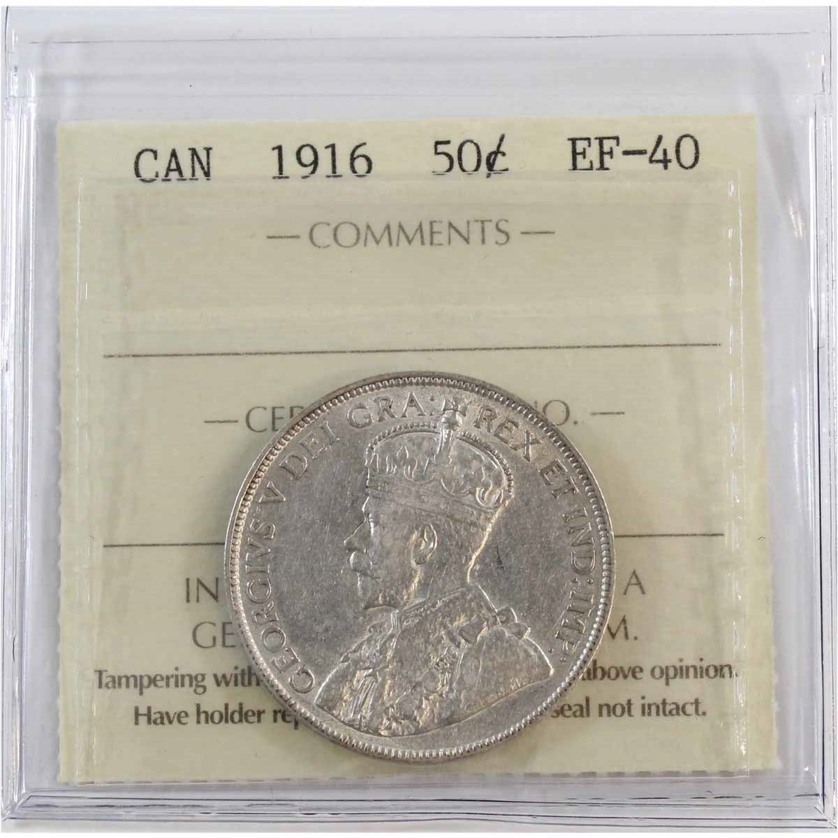 1916 Canada 50-cents ICCS Certified EF40 – Colonial Acres Coins