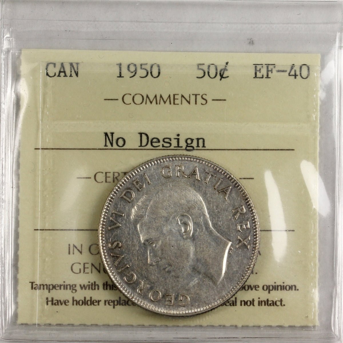 1950 No Design Canada 50-cents ICCS Certified EF40 – Colonial Acres Coins