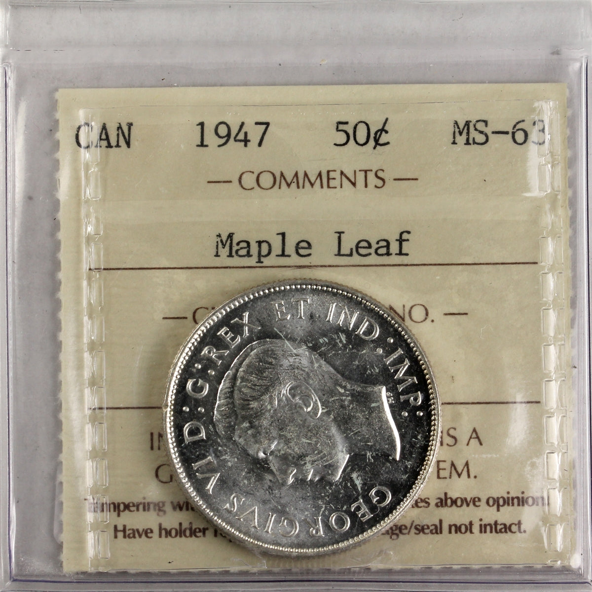 1947 Maple Leaf Canada 50-cents ICCS Certified MS63 – Colonial Acres Coins