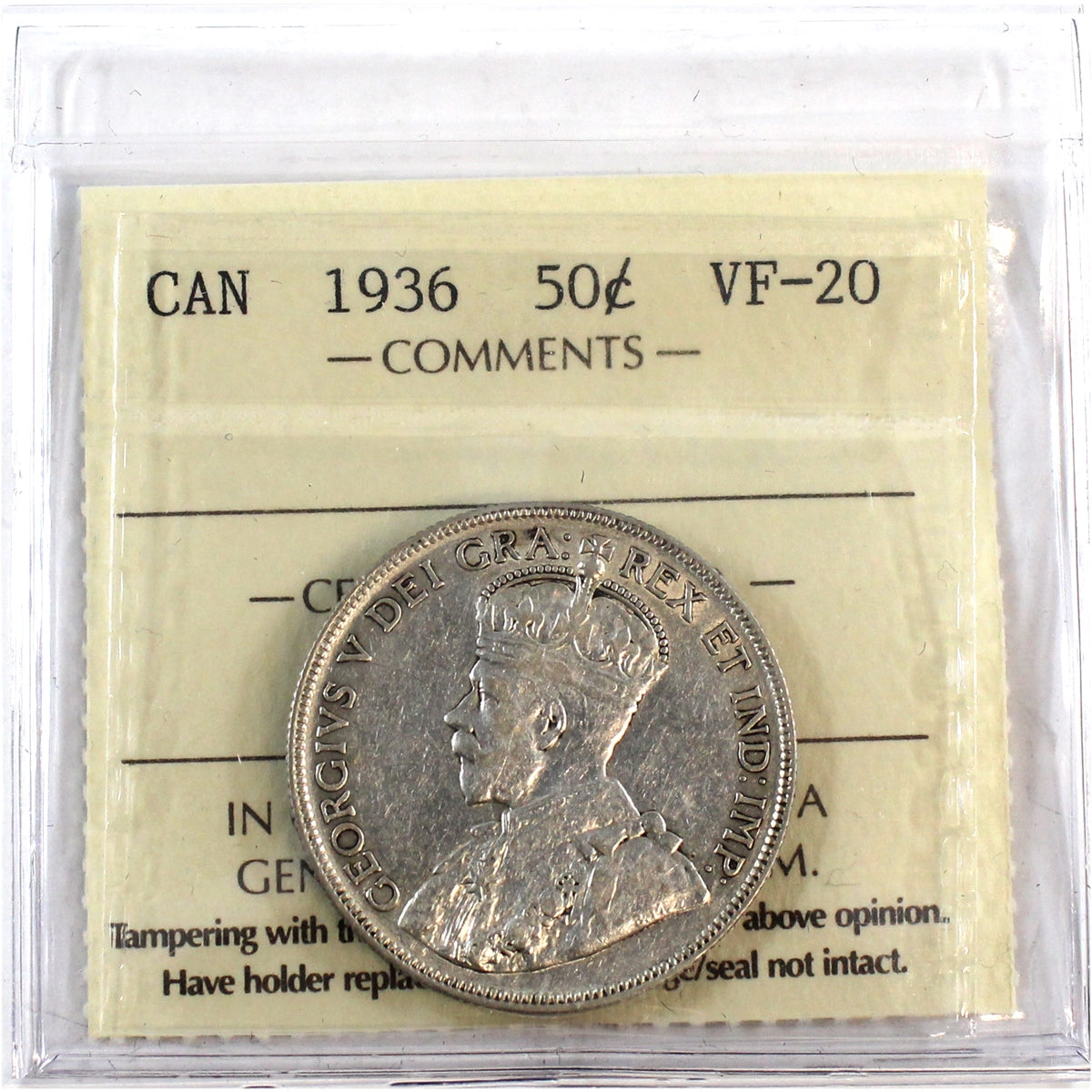 1936 Canada 50-cents ICCS Certified VF20 – Colonial Acres Coins