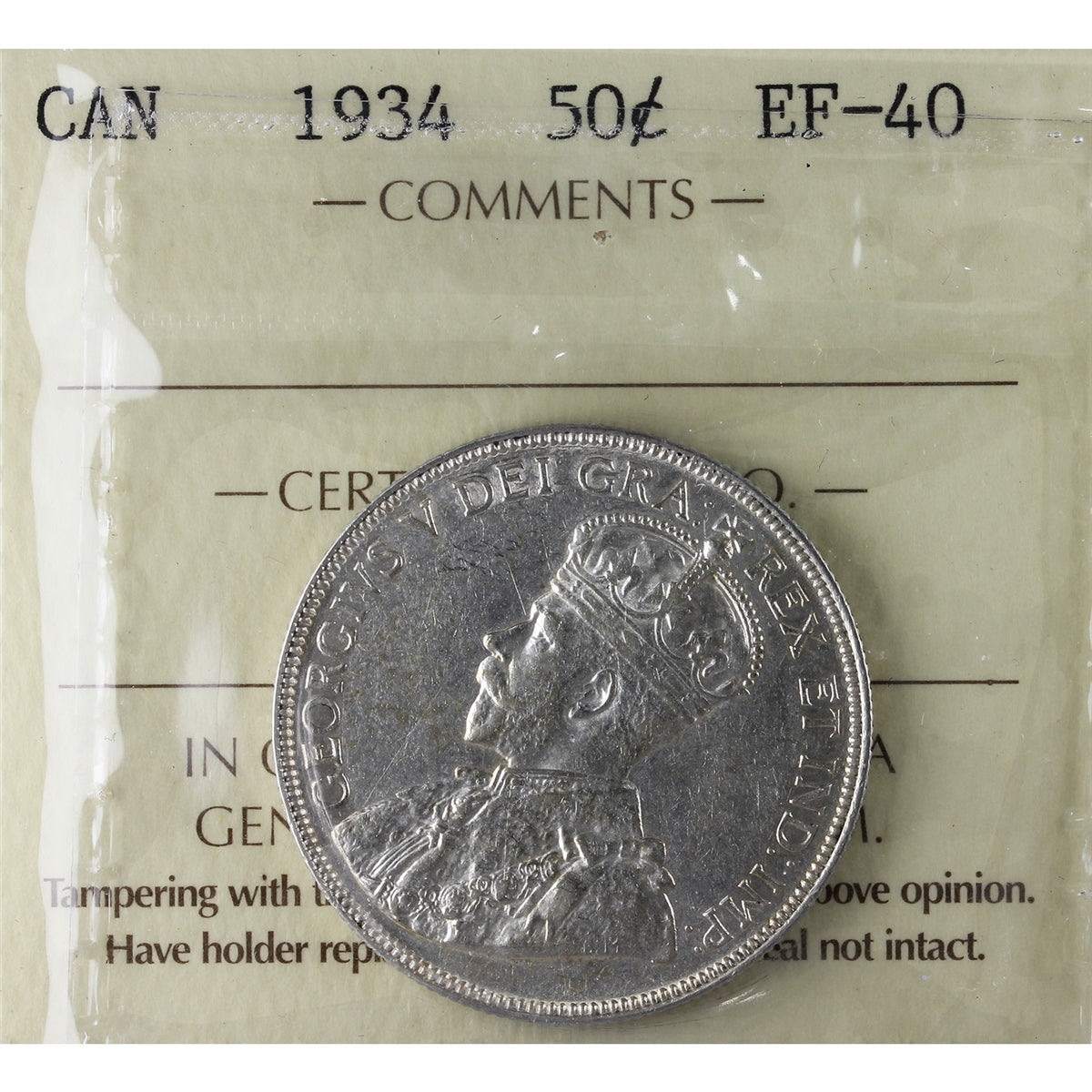 1934 Canada 50-cents ICCS Certified EF40 – Colonial Acres Coins