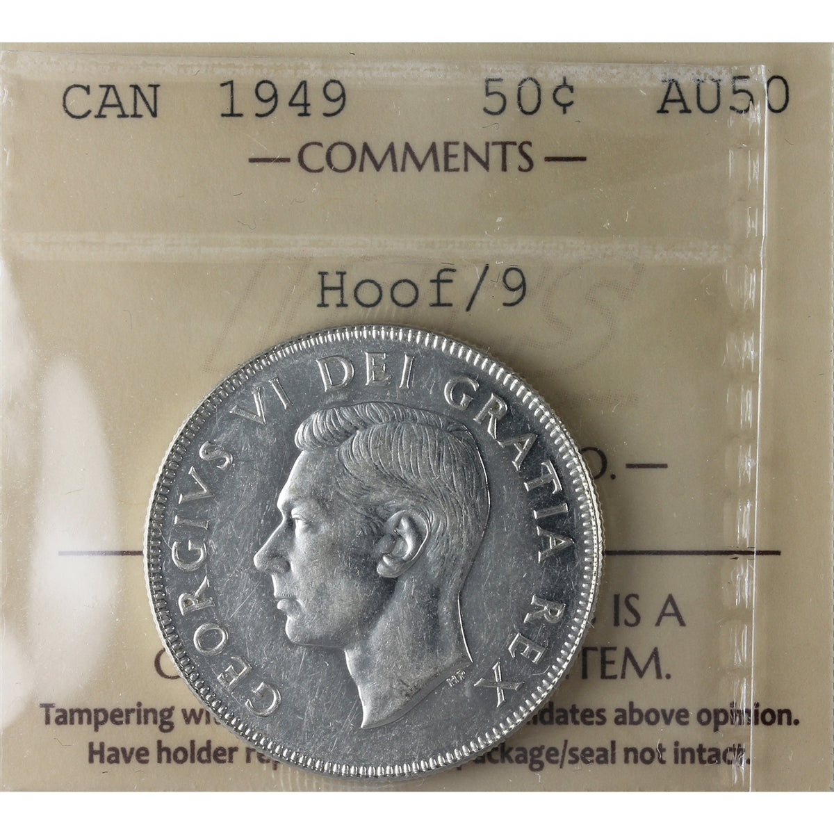 1949 Hoof Over 9 Canada 50-cents ICCS Certified AU50 – Colonial Acres Coins