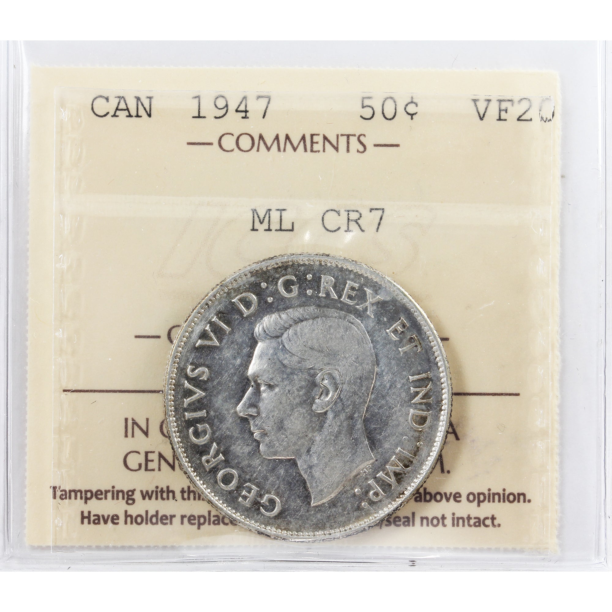 1947 Maple Leaf, Curved Right 7 Canada 50-cents ICCS Certified VF20 – Colonial Acres Coins