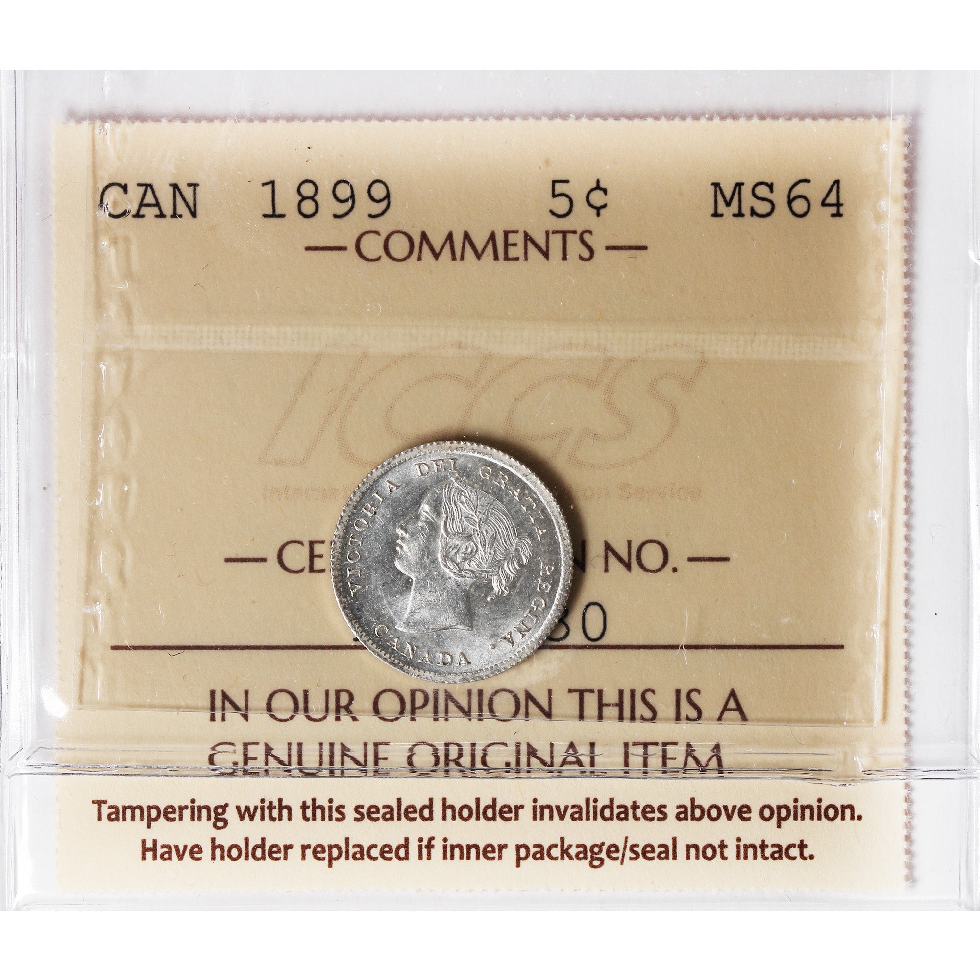 1899 Canada 5-cents ICCS Certified MS-64 (XHT 230) – Colonial Acres Coins