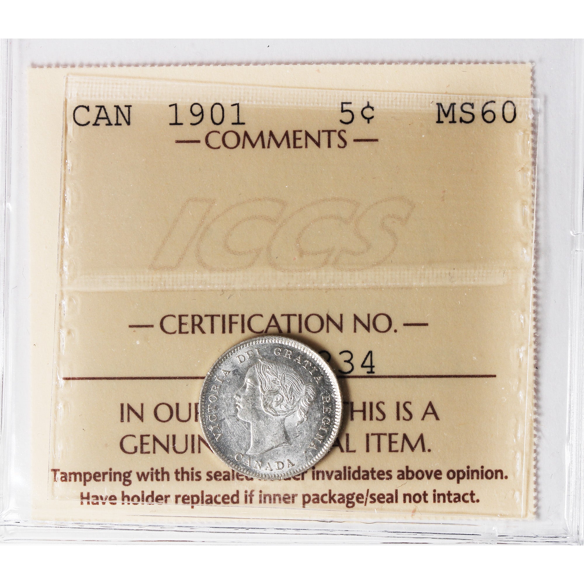 1901 Canada 5-cents ICCS Certified MS-60 (XHT 234) – Colonial Acres Coins