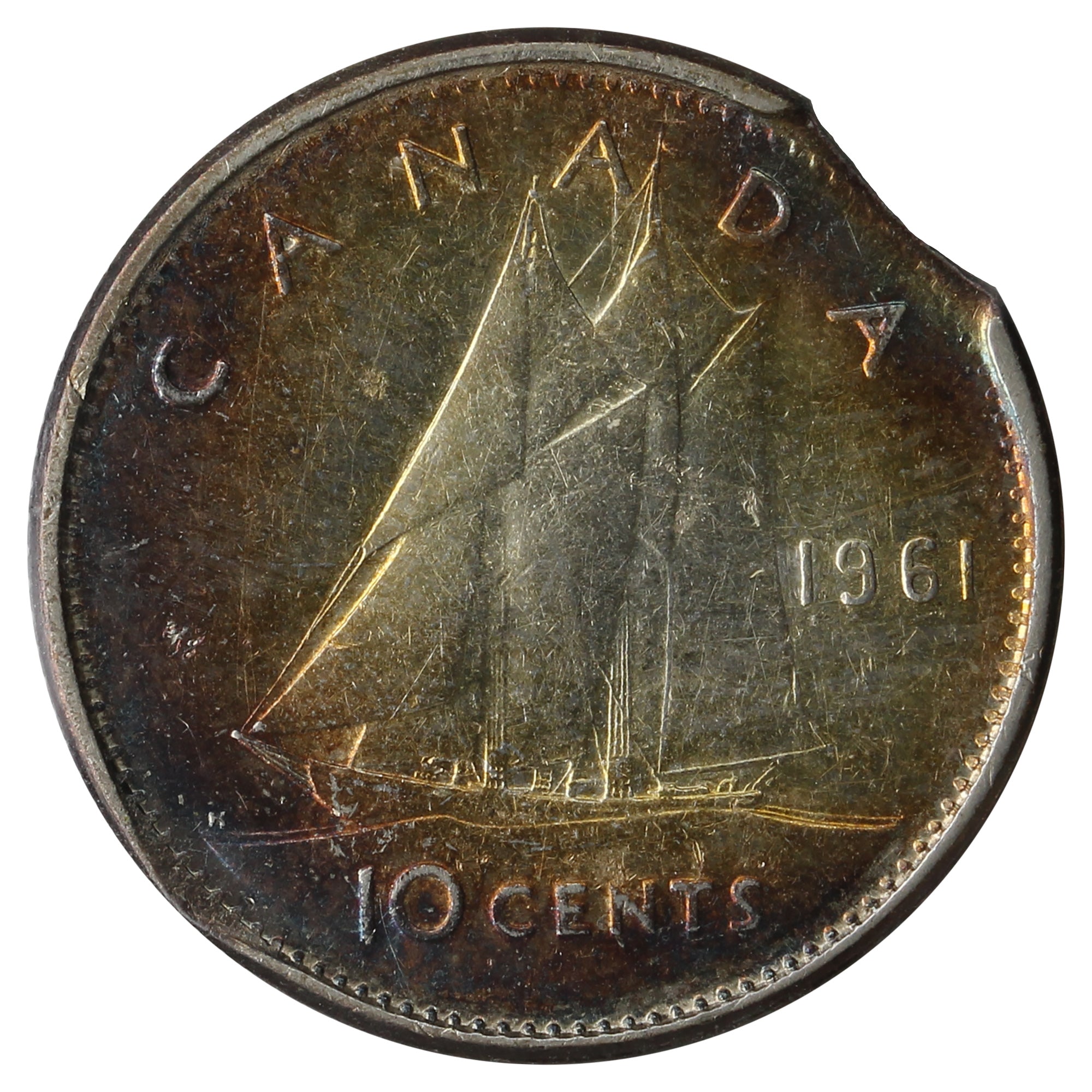 ERROR 1961 Canada 10-Cents Extra Fine (EF40) Clipped; Nicely Toned – Colonial Acres Coins