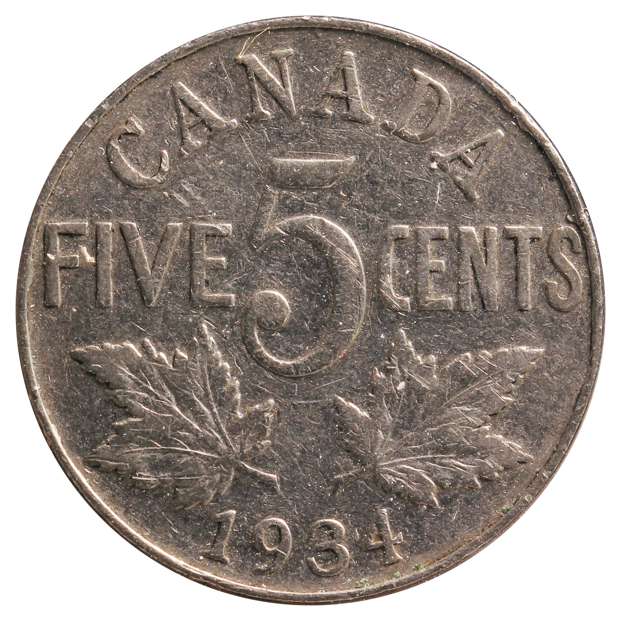 1934 Canada 5-Cents Fine (F-12) Scratched, Cleaned or Impaired – Colonial Acres Coins