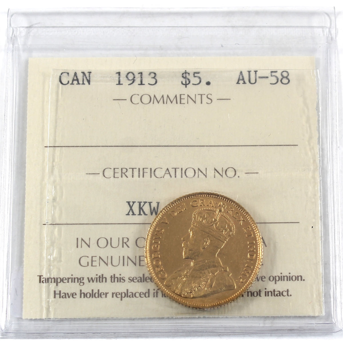 1913 Canada $5 Gold ICCS Certified AU58 – Colonial Acres Coins
