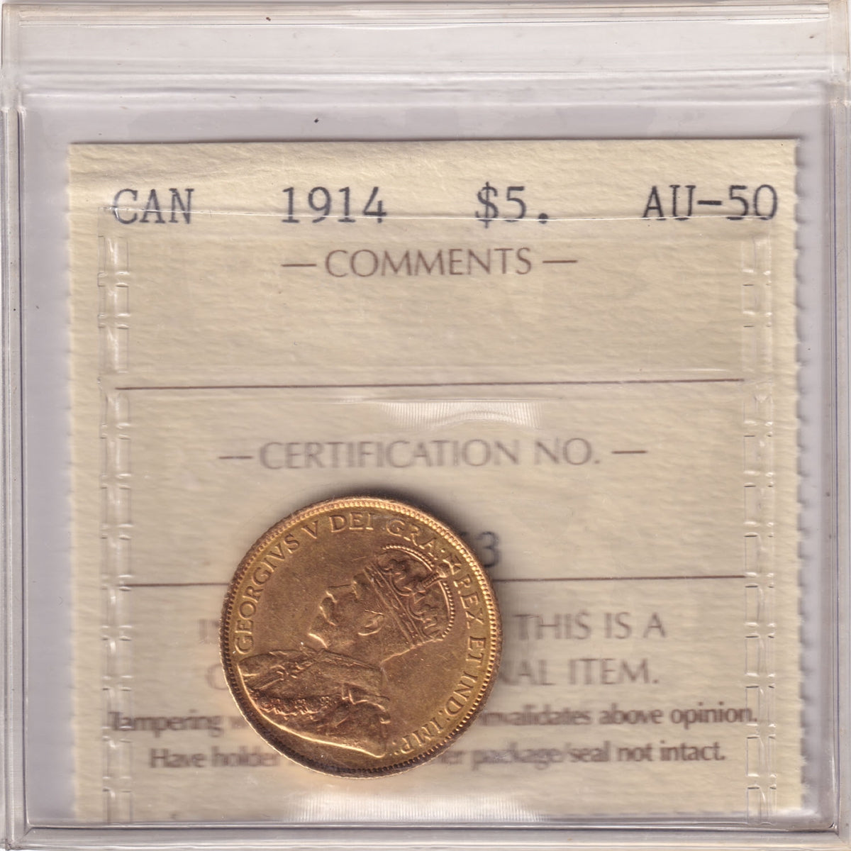 1914 Canada $5 Gold ICCS Certified AU50 – Colonial Acres Coins