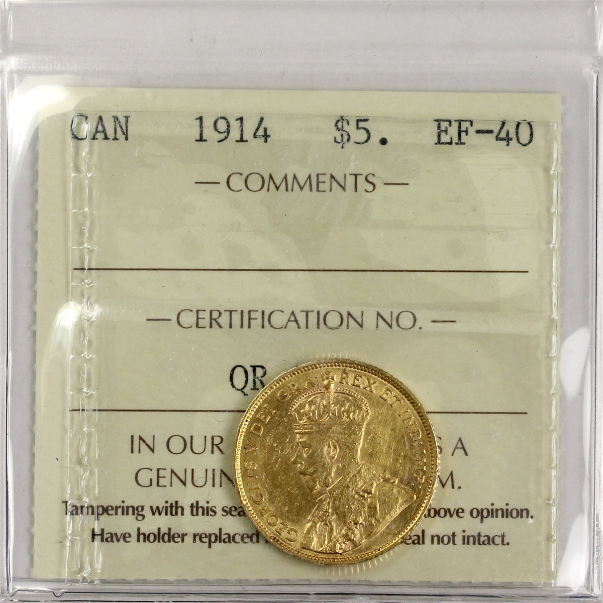 1914 Canada $5 Gold ICCS Certified EF40 – Colonial Acres Coins