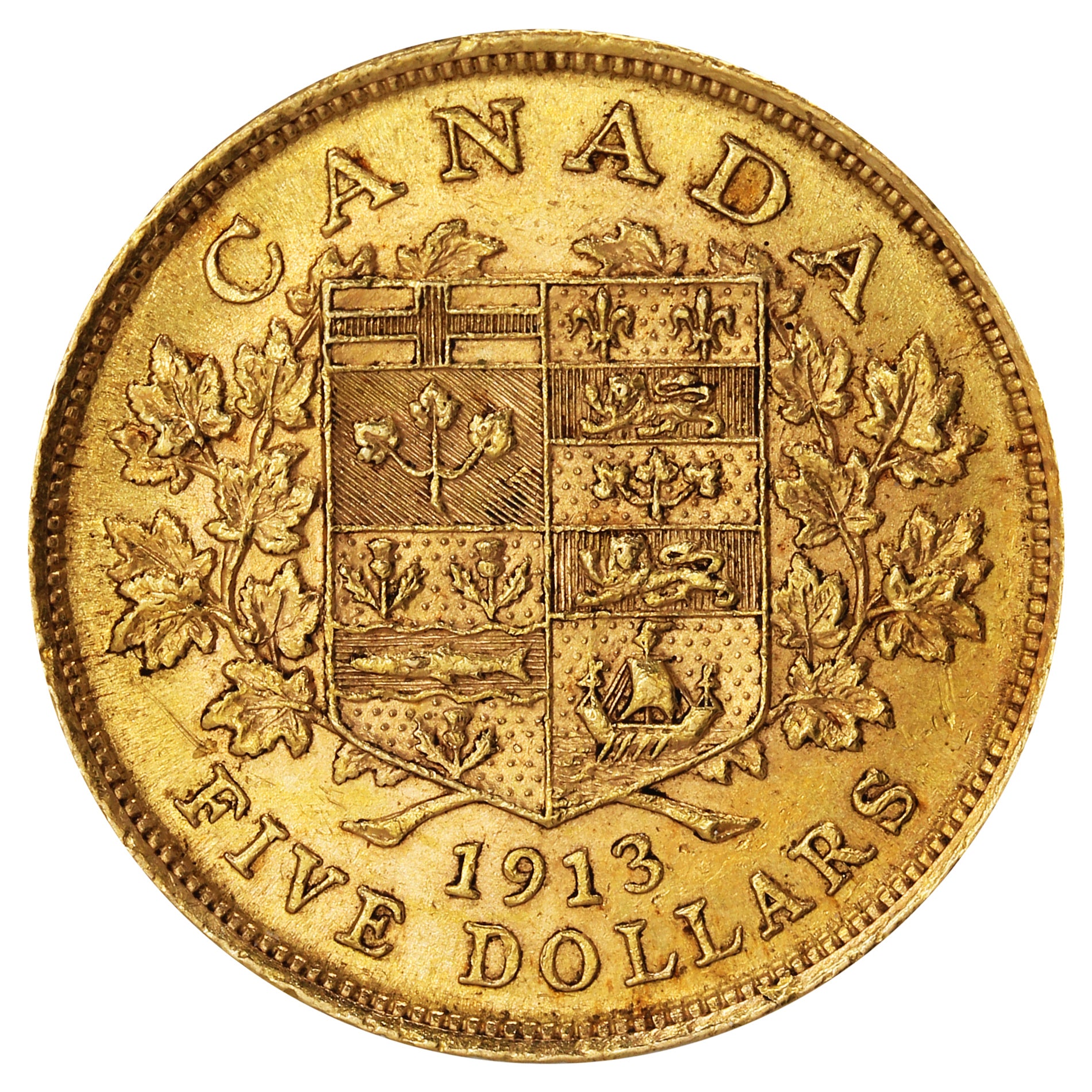 1913 Canada $5 Gold AU-UNC (AU55) Scratched – Colonial Acres Coins