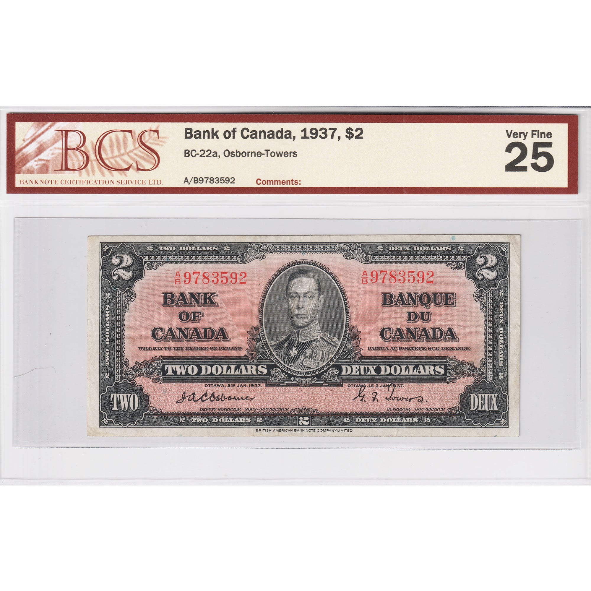 BC-22a 1937 Canada $2 Osborne-Towers, A/B BCS Certified VF-25 – Colonial Acres Coins